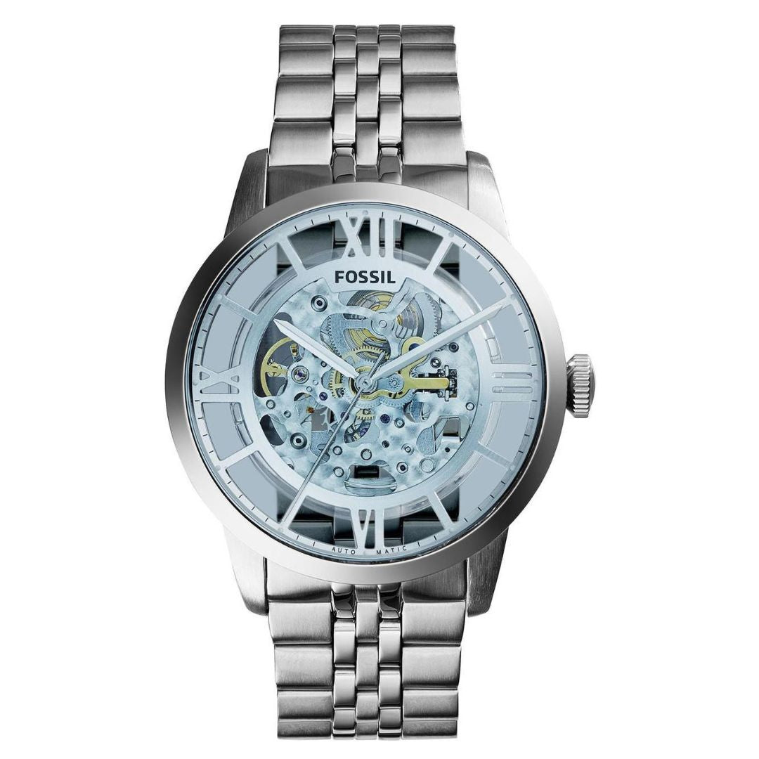 Fossil Townsman Automatic Skeleton Blue Dial Silver Steel Strap ME3044 ...
