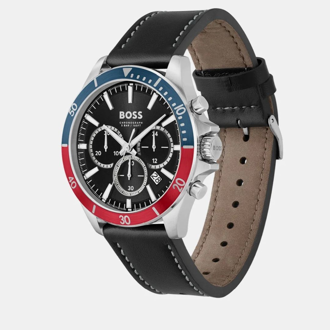 Boss Men's Chronograph Round Dial Quartz Black Leather Watch Authentic ...