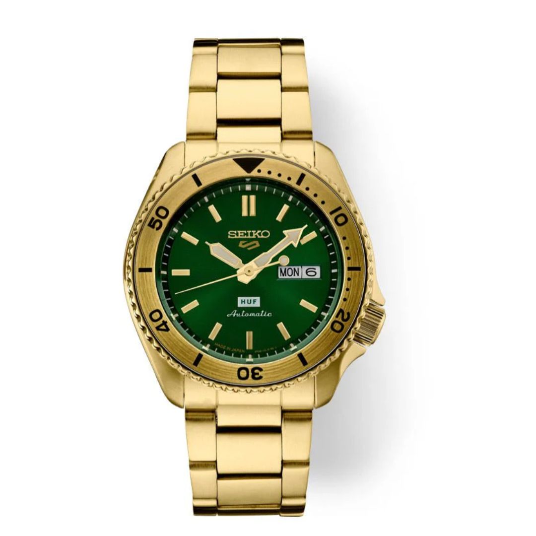 Seiko 5 Sports Automatic Gold Tone Green Dial Day-Date Watch SRPJ20 ...