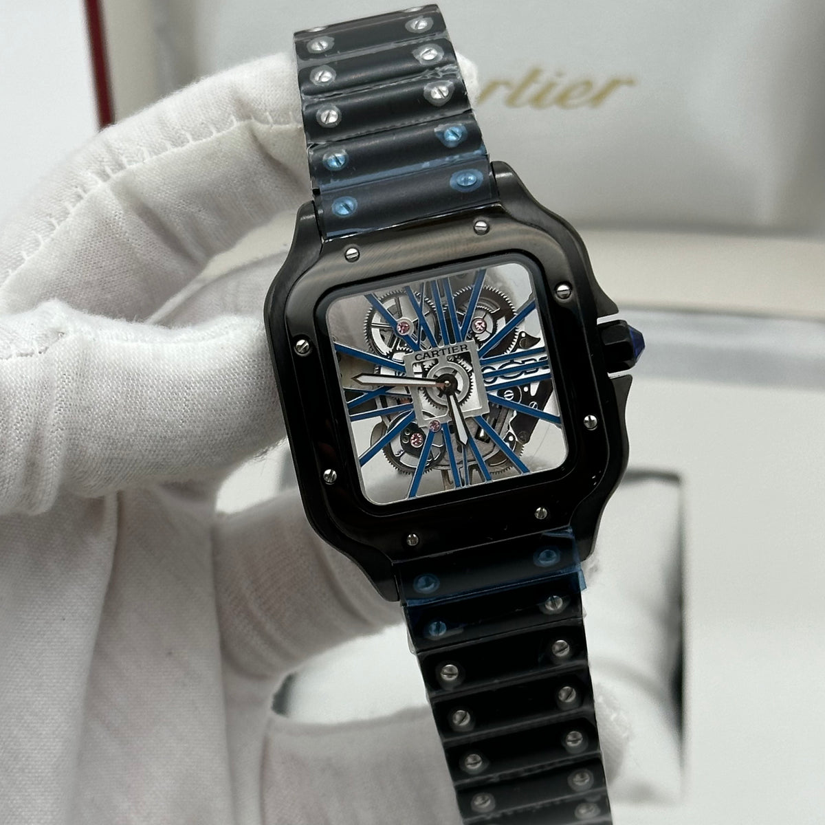 Cartier Santos Skeleton Black Blue Dial 39mm — Mr Lilac Leather