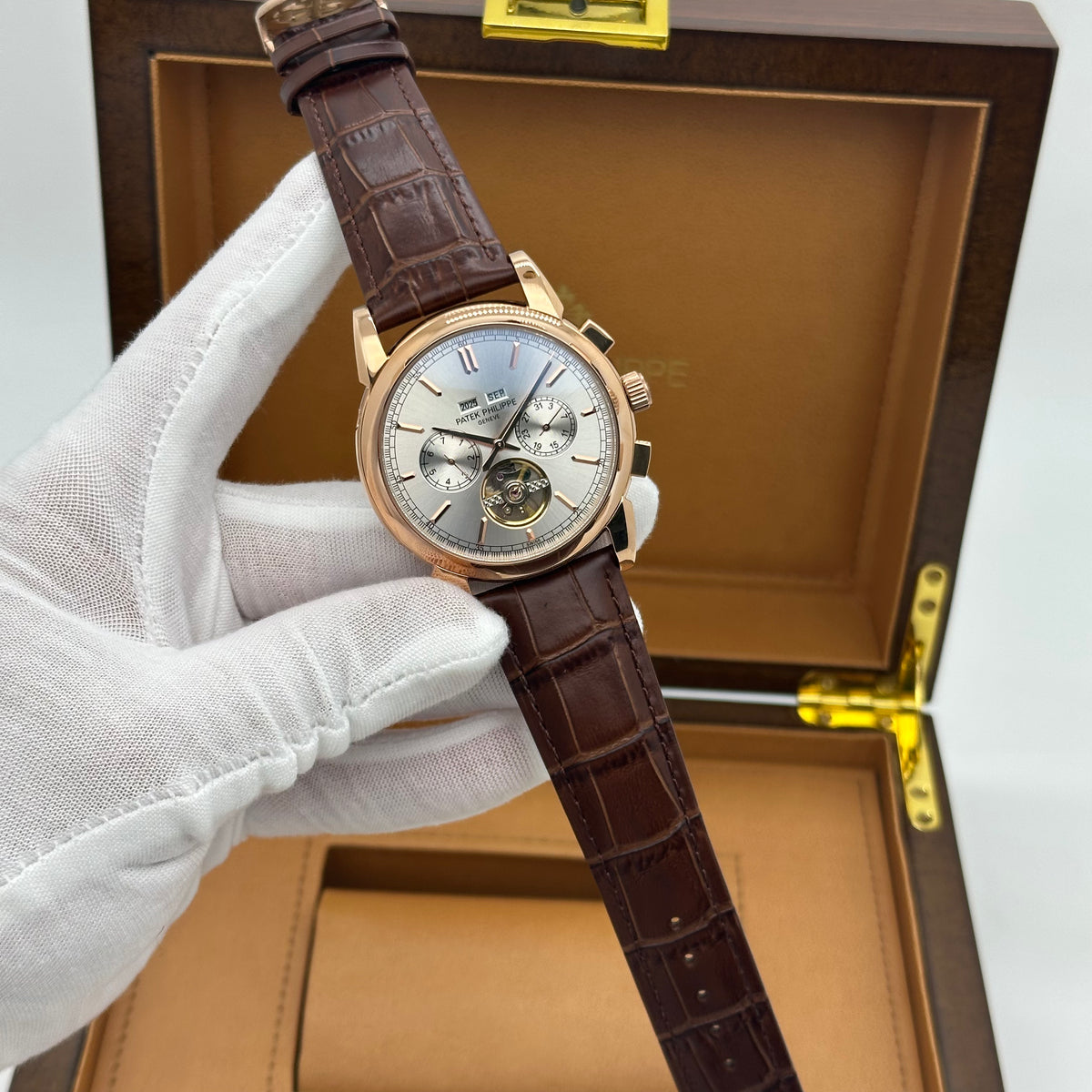 Patek Phiippe Tourbillon Chronograph Watch - Rose Gold With Brown Leat ...