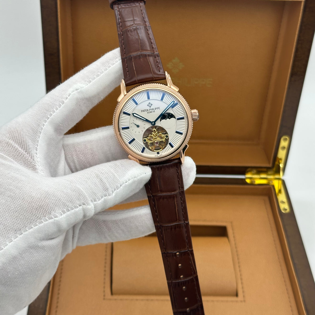 Patek Philippe Tourbillon Skeleton Rose Gold Case With Brown Leather S ...