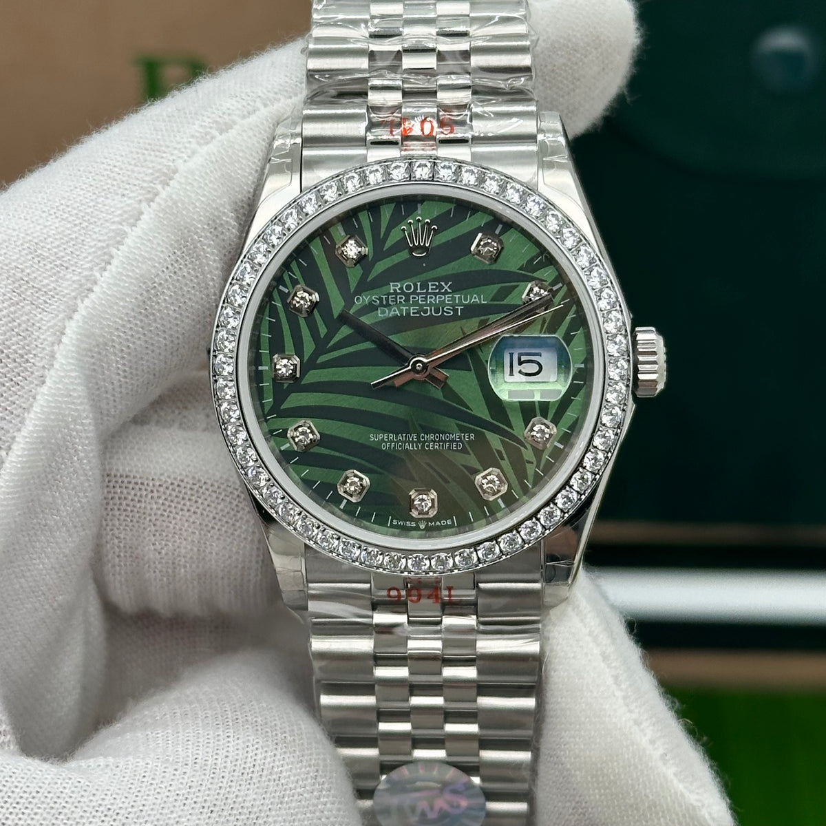 Rolex Datejust 36mm Oyster Perpetual Green Palm Motif Dial with Diamon ...