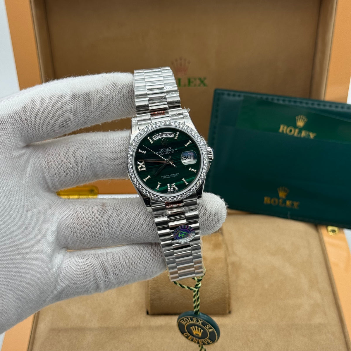 Rolex Day-Date Silver Day-Date Watch – Emerald Green Dial – Diamond Be ...